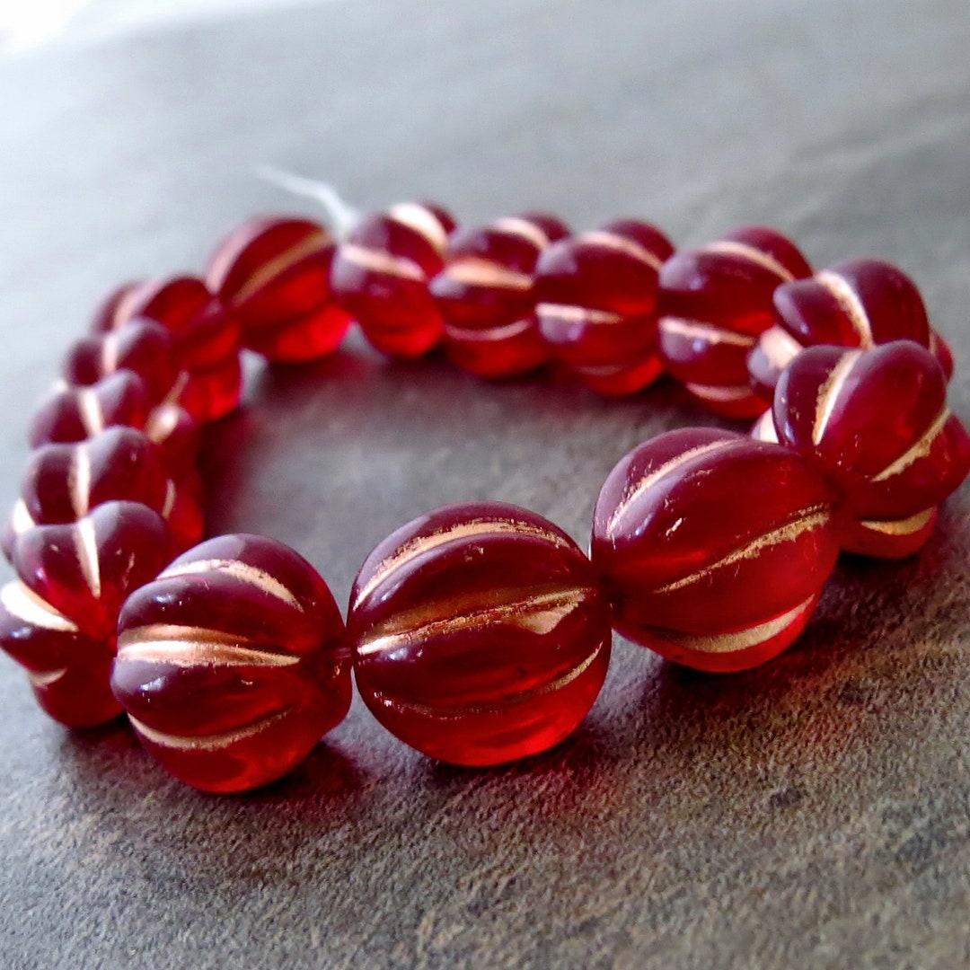 Ruby Red Copper Wash 10mm Melon Czech Glass Round Bead : 10 Pc Red ...