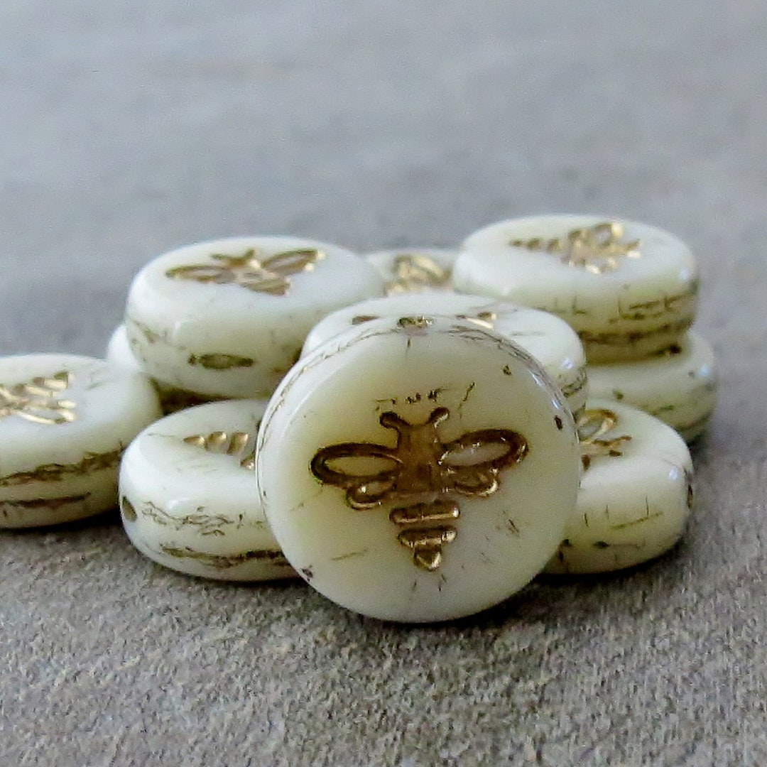 Ivory Gold Bee Coin Czech Glass 12mm Bead : 10 Pc Cream Bee Bead DIY ...