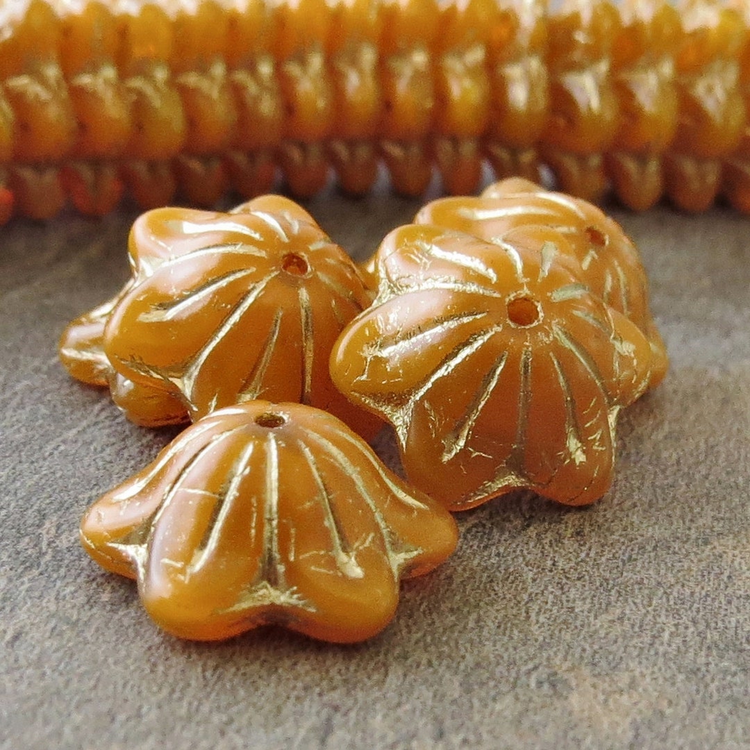NEW Mandarin Gold Czech Glass Bead 14mm Cup Flower : 6 Pc Orange ...