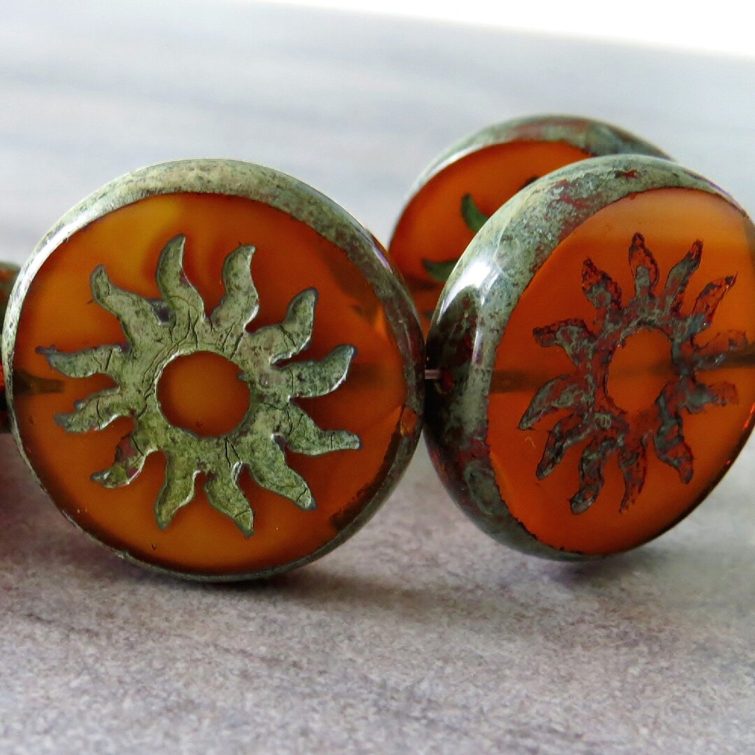 22mm Pumpkin Picasso Sun Coin Czech Coin Bead : 1 or 2 Pc Large Focal ...