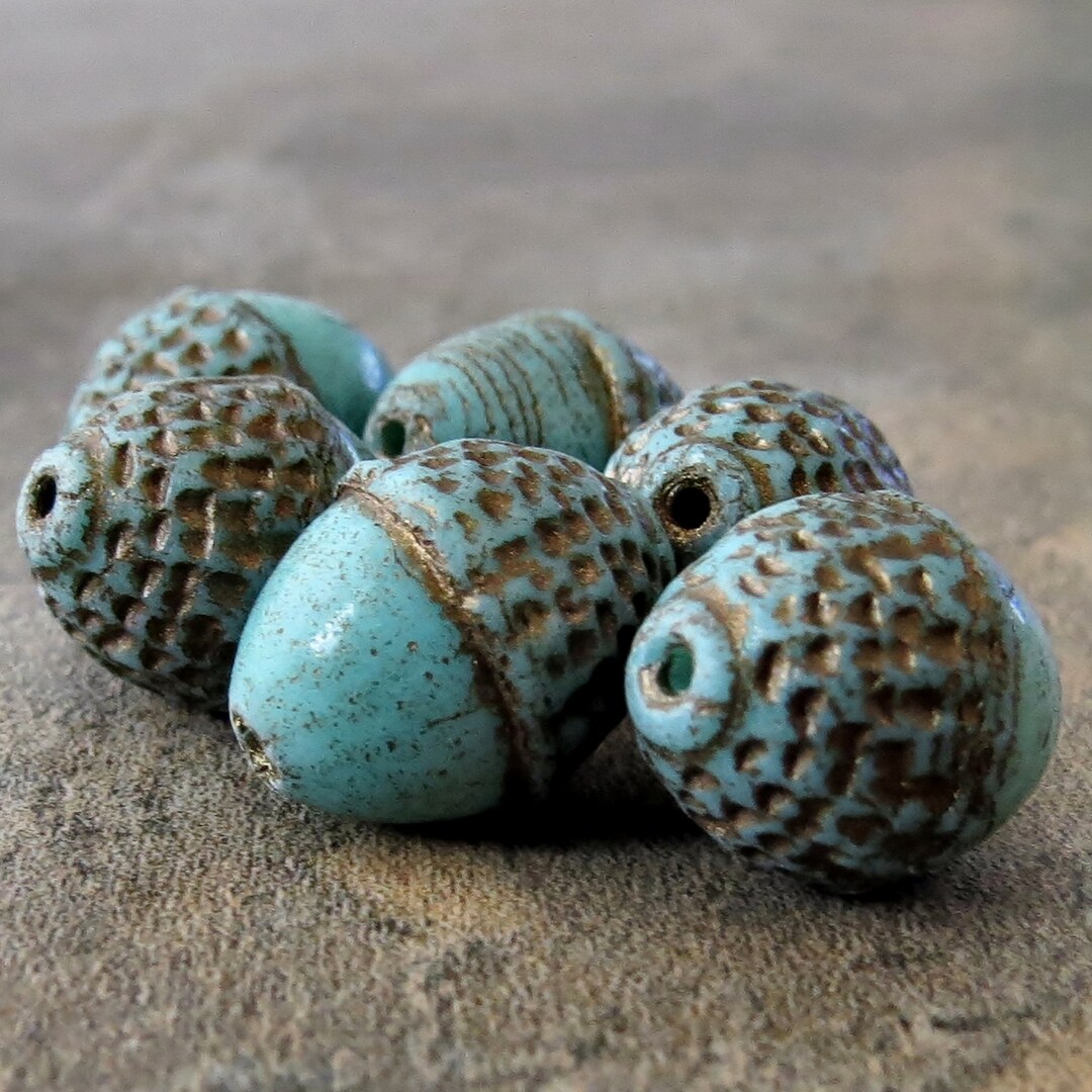Acorn Bead Czech Glass Sea Green Matte Gold 12x10mm : 6 Pc Green Acorn ...