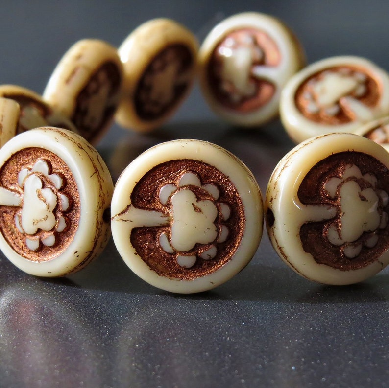 Czech Opaque Ivory 14mm Tree of Life Coin Bead Bronze Wash : 6 Pc Czech ...