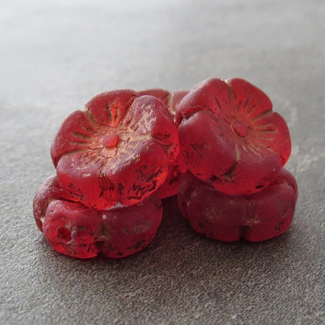 Matte Ruby Red Copper Etched 12mm Czech Glass Hibiscus Flower Bead : 6 ...