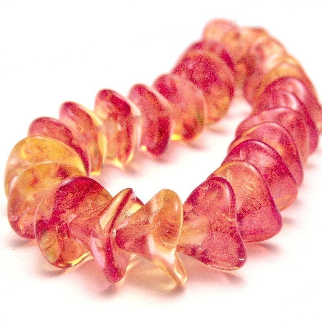 Fuchsia Lemon Three Petal Czech Glass Flower Bead : 12 Pc Pink Yellow ...