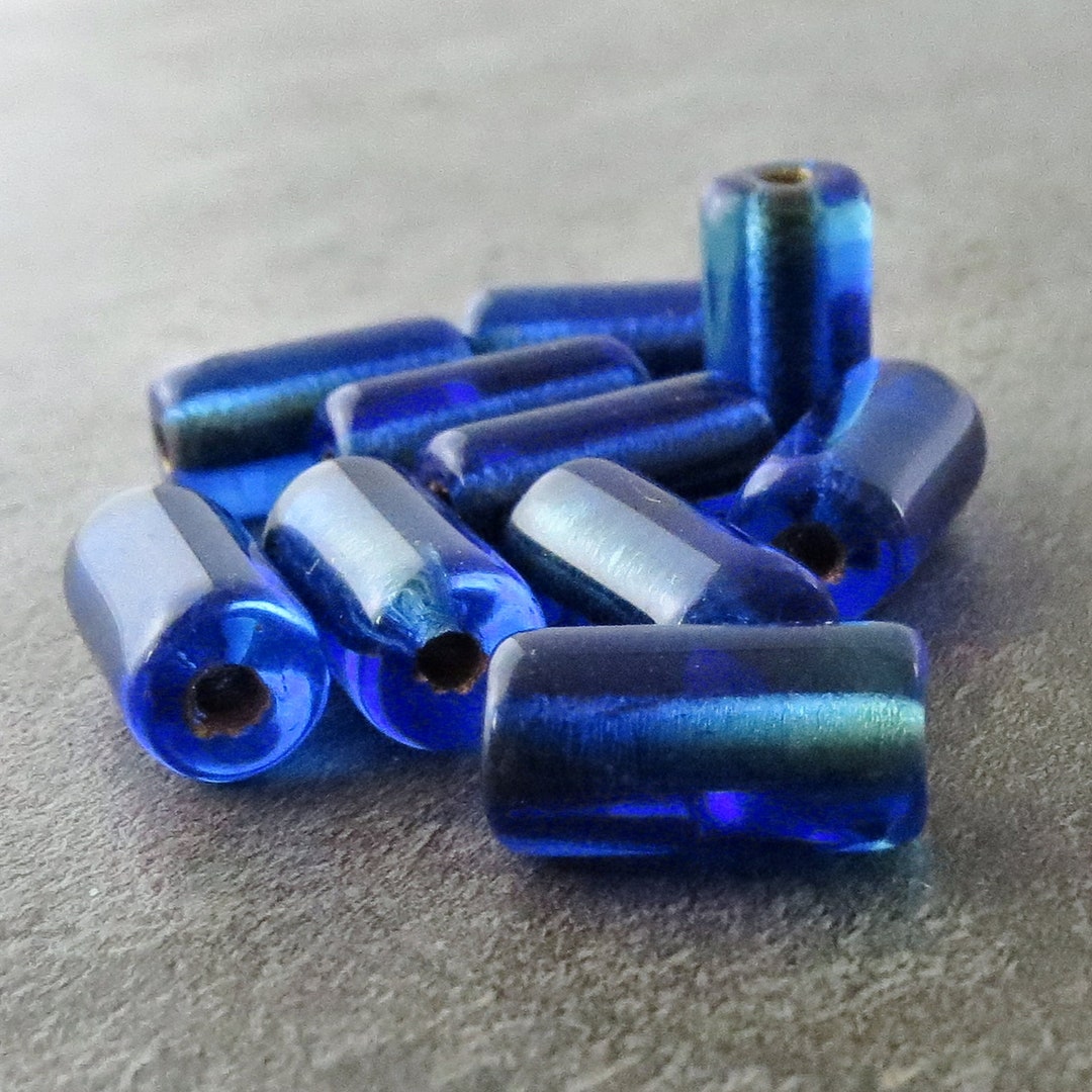 Sapphire Sky Blue Gold Lined Czech Glass 14mm Tube : 10 Pc. Large Hole ...