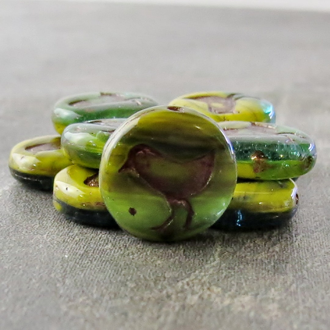 NEW Chartreuse Aqua Bird Coin Dark Bronze Wash Czech Glass 12mm Bead ...