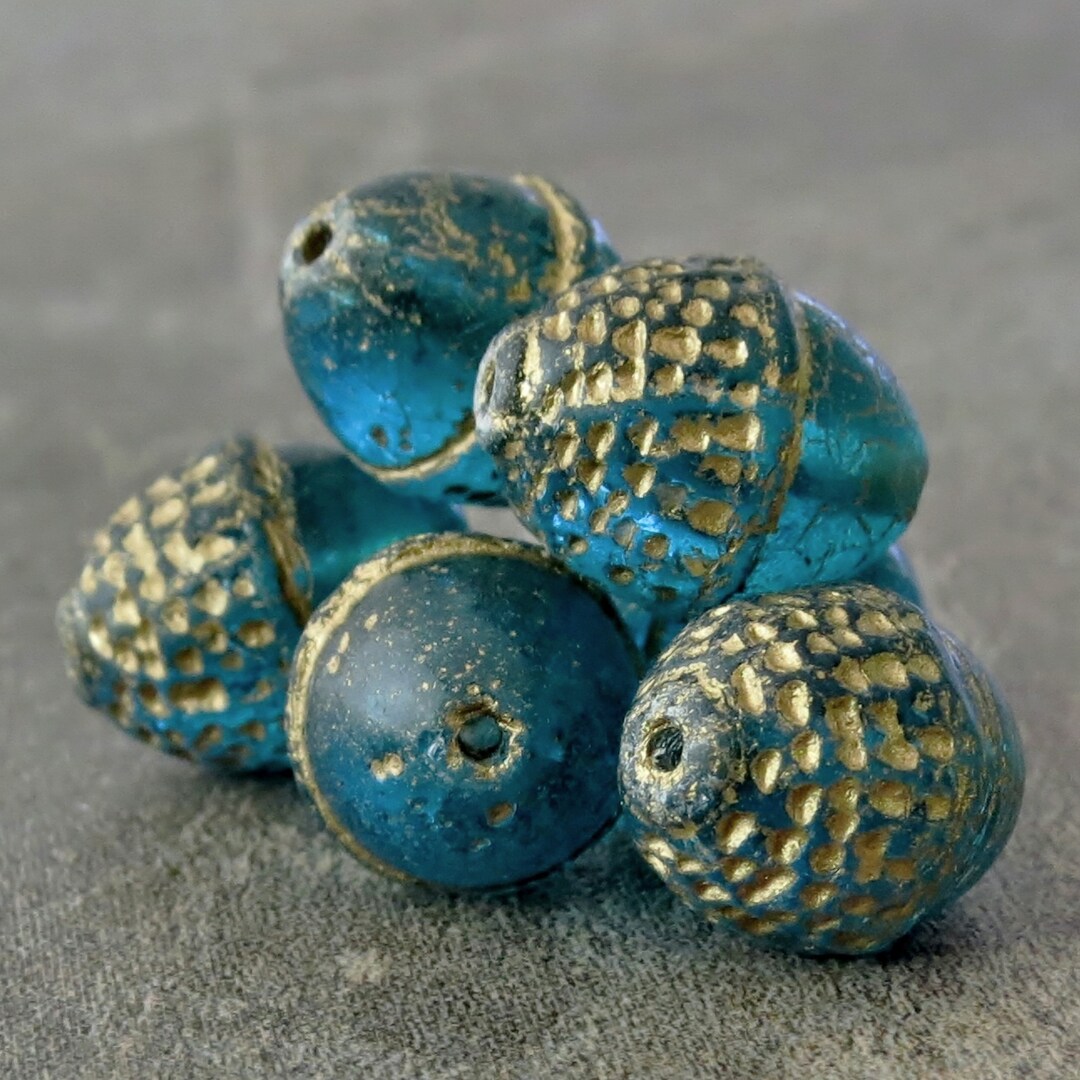 NEW Teal Acorn Bead Matte Gold Wash Czech Glass 12x10mm : 6 Pc 12mm ...