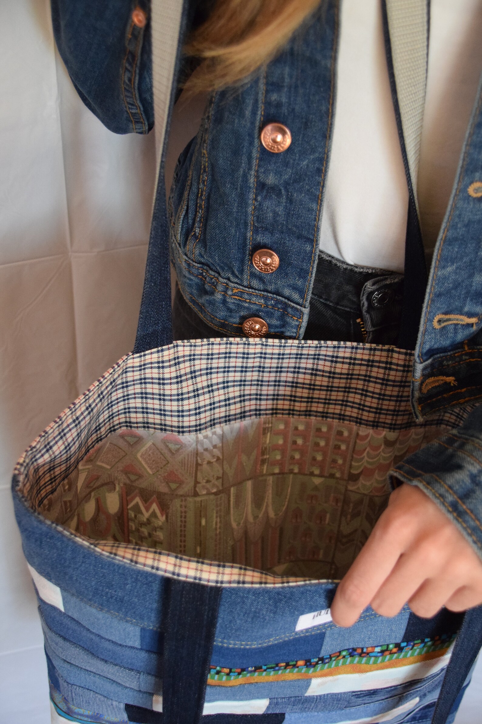 Patchwork Denim Tote Bag – Handmade From Repurposed Jeans With Striped ...