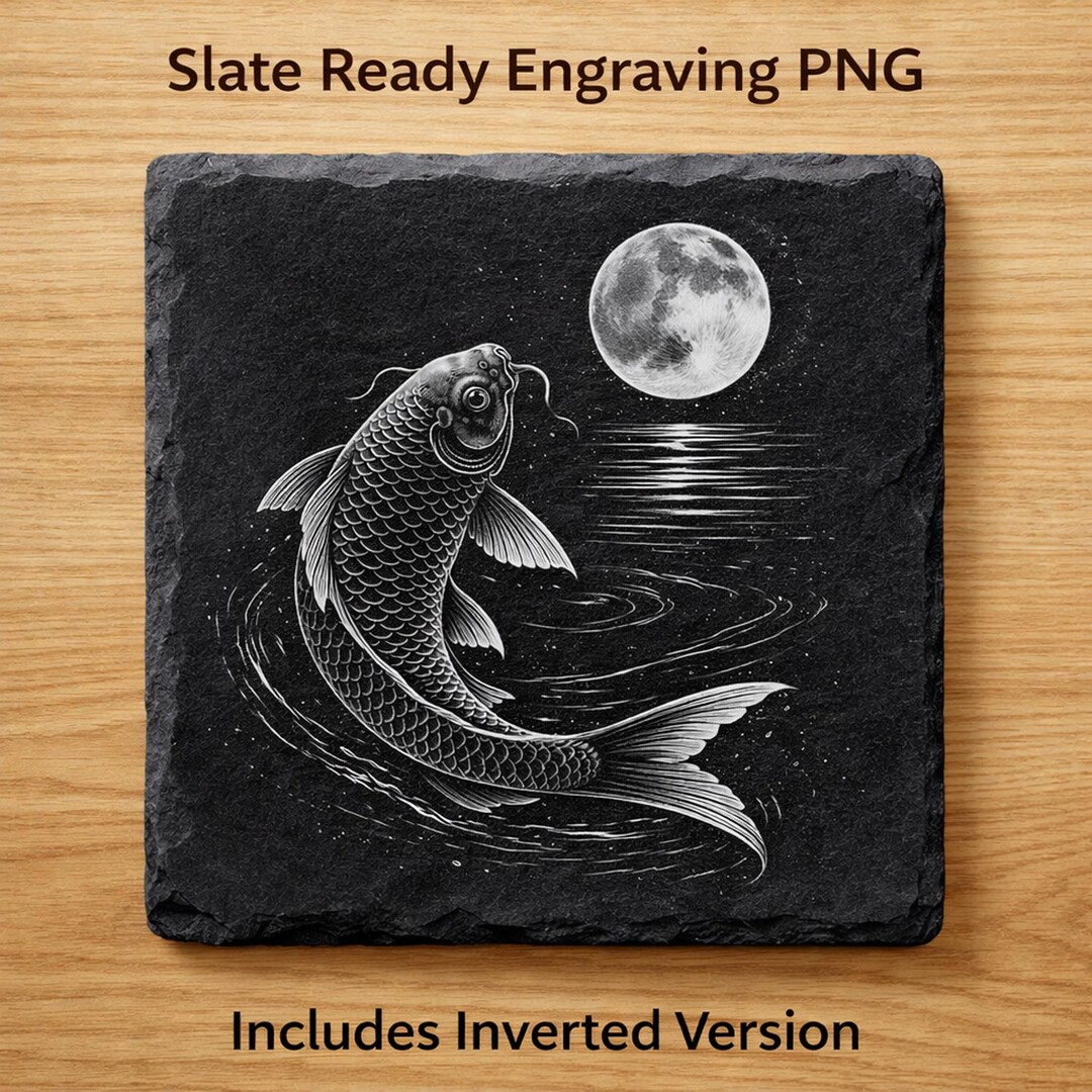 Koi Fish Moon Slate Engraving PNG Night Laser File Japanese Coaster ...