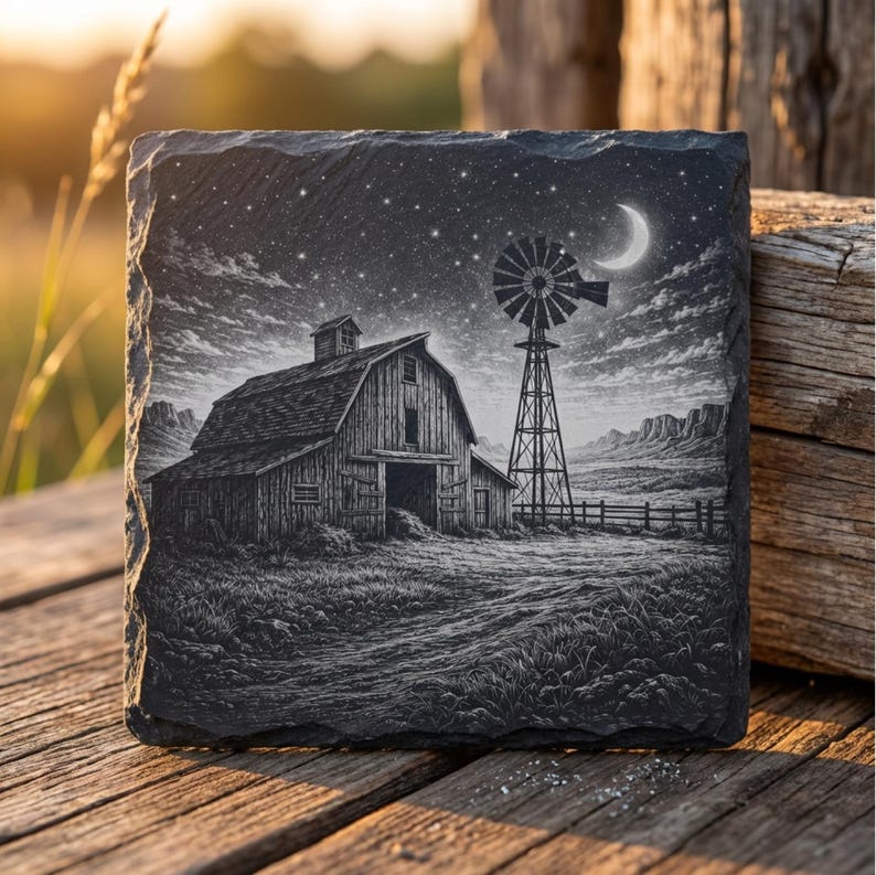 Rustic Barn Windmill Slate Coaster Engraving PNG Western Farmhouse ...