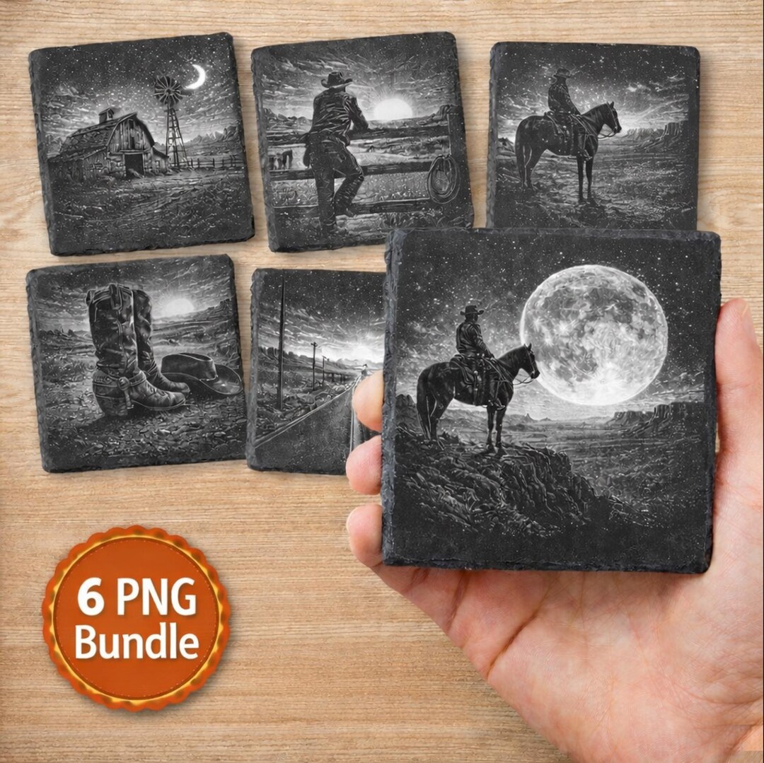 Western Cowboy Slate Coaster Bundle 6 Engraving PNG Laser Files Ranch ...
