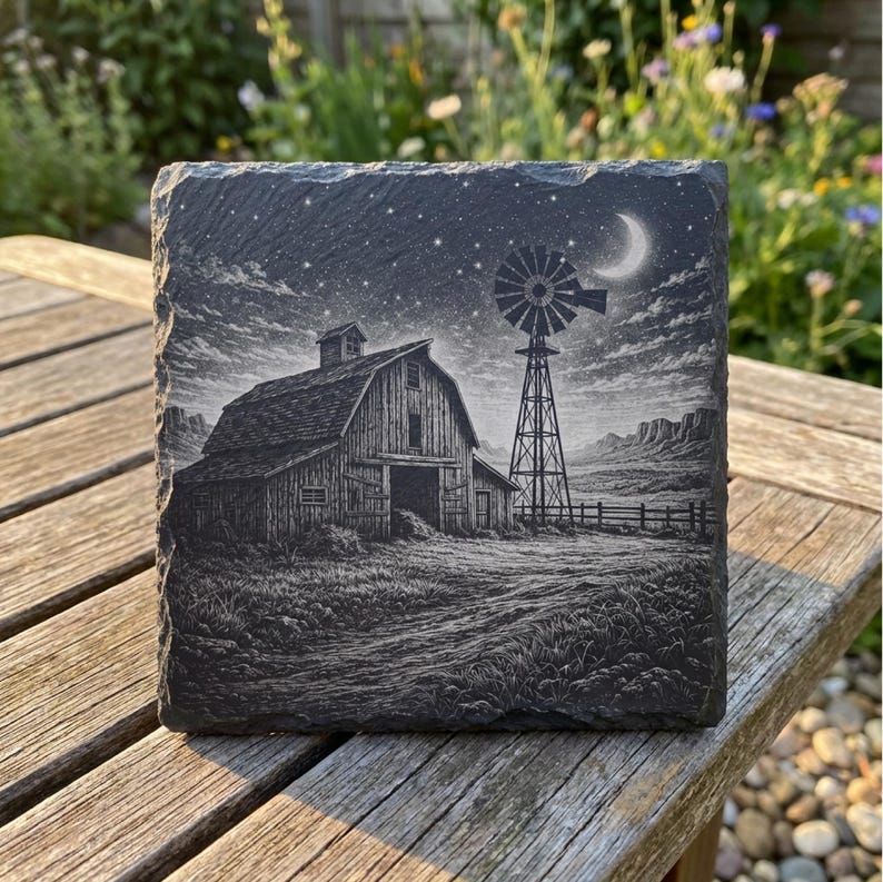 Rustic Barn Windmill Slate Coaster Engraving PNG Western Farmhouse ...