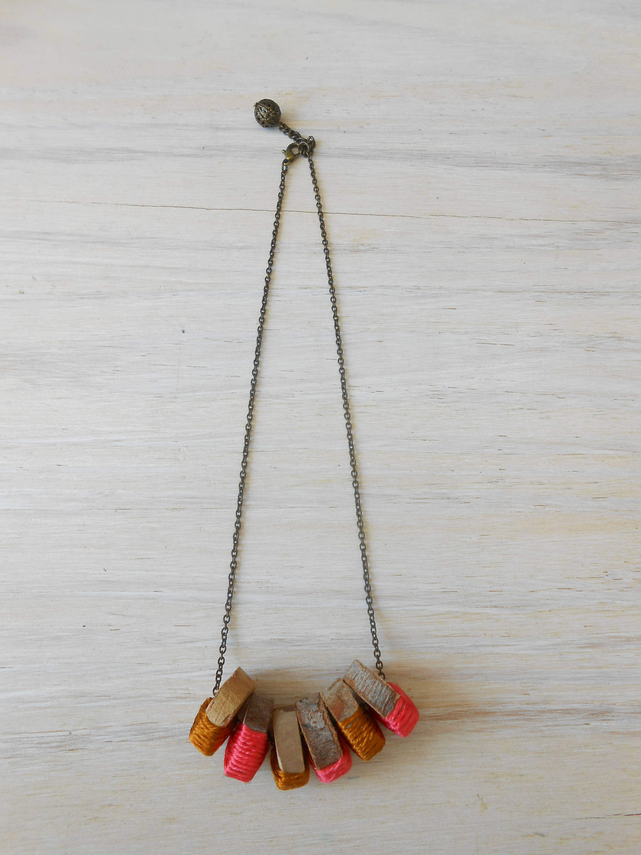 Wood Slices Necklace With Ochre and Pink Silky Thread Natural Jewelry ...