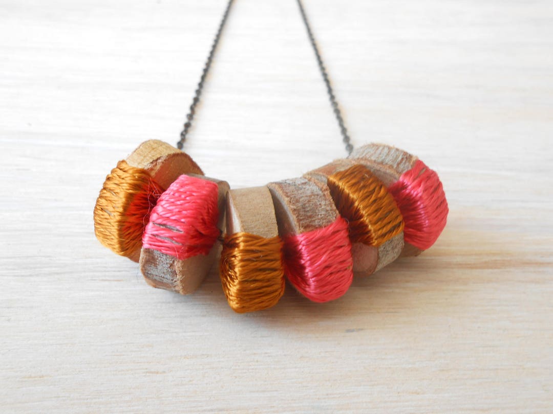 Wood Slices Necklace With Ochre and Pink Silky Thread Natural Jewelry ...