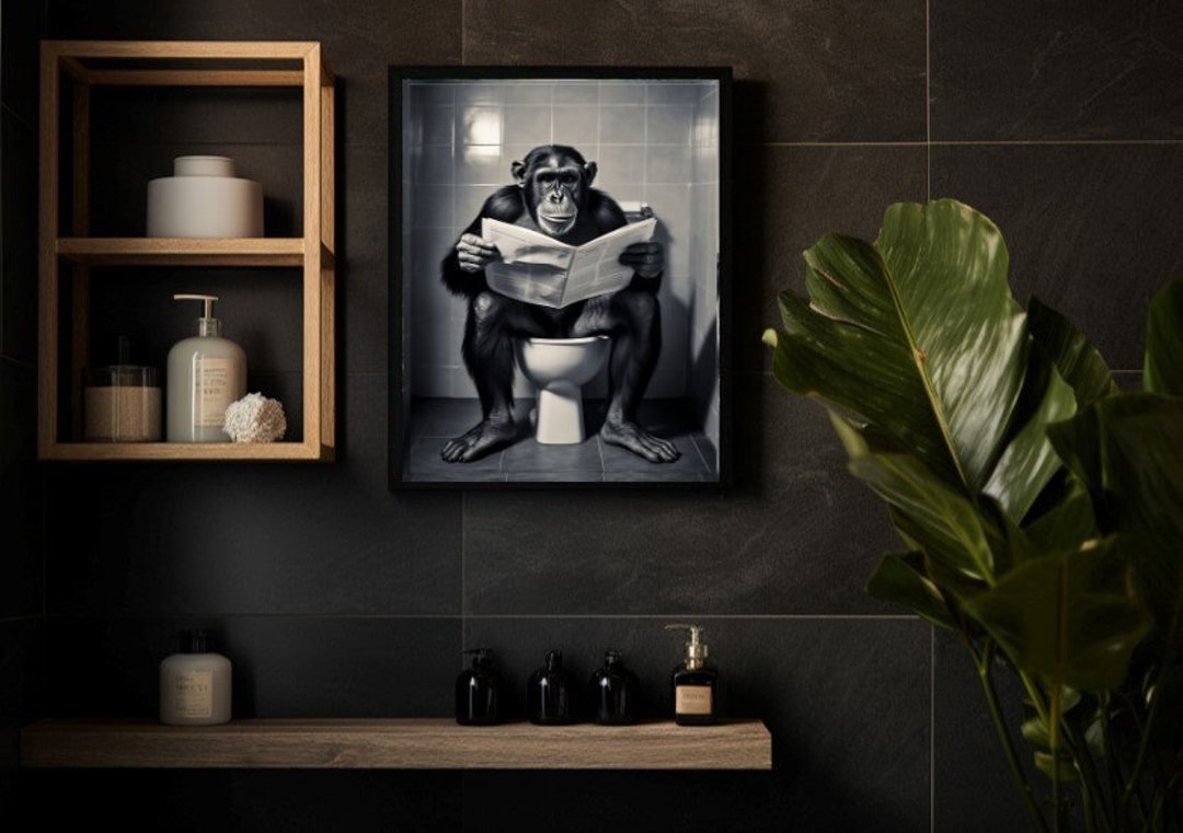 Monkey on Toilet Reading Newspaper, Bathroom Print, Chimp, Toilet ...