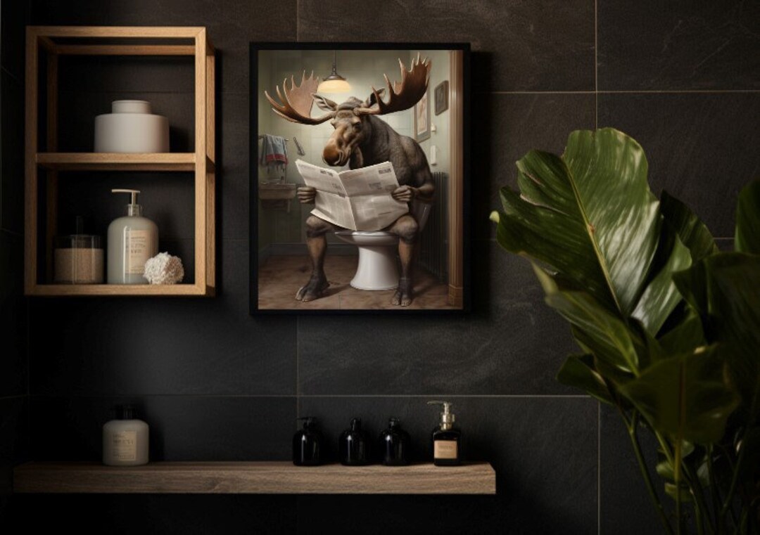 Moose on Toilet Reading Newspaper, Bathroom Print, Moose, Funny Animal ...