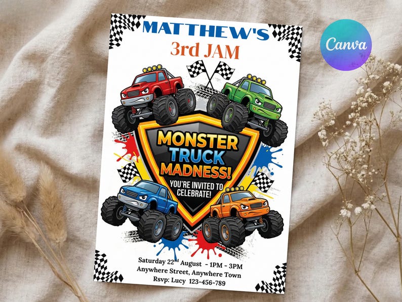Monster Truck Birthday Invitation: Editable Canva Template (5x7") - Etsy UK