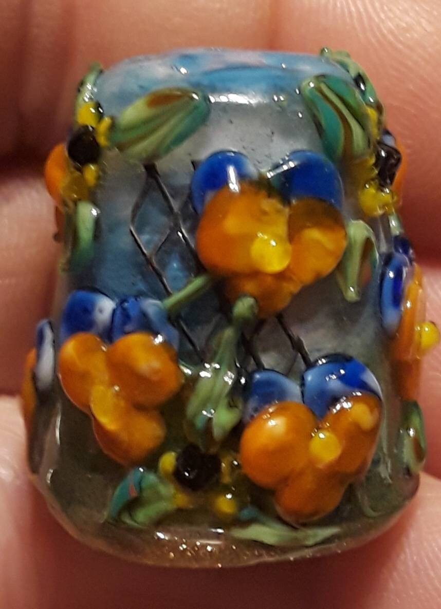 Handmade Lampwork Glass Thimble Orange and Blue Pansies | Etsy
