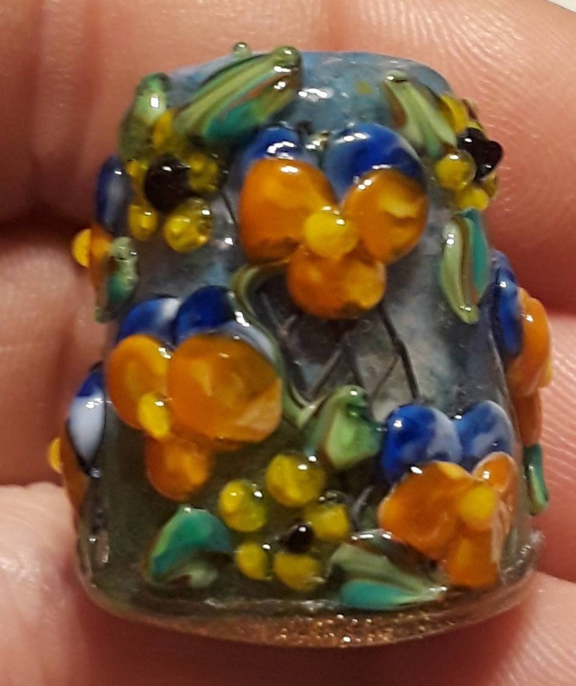 Handmade Lampwork Glass Thimble orange and Blue Pansies - Etsy