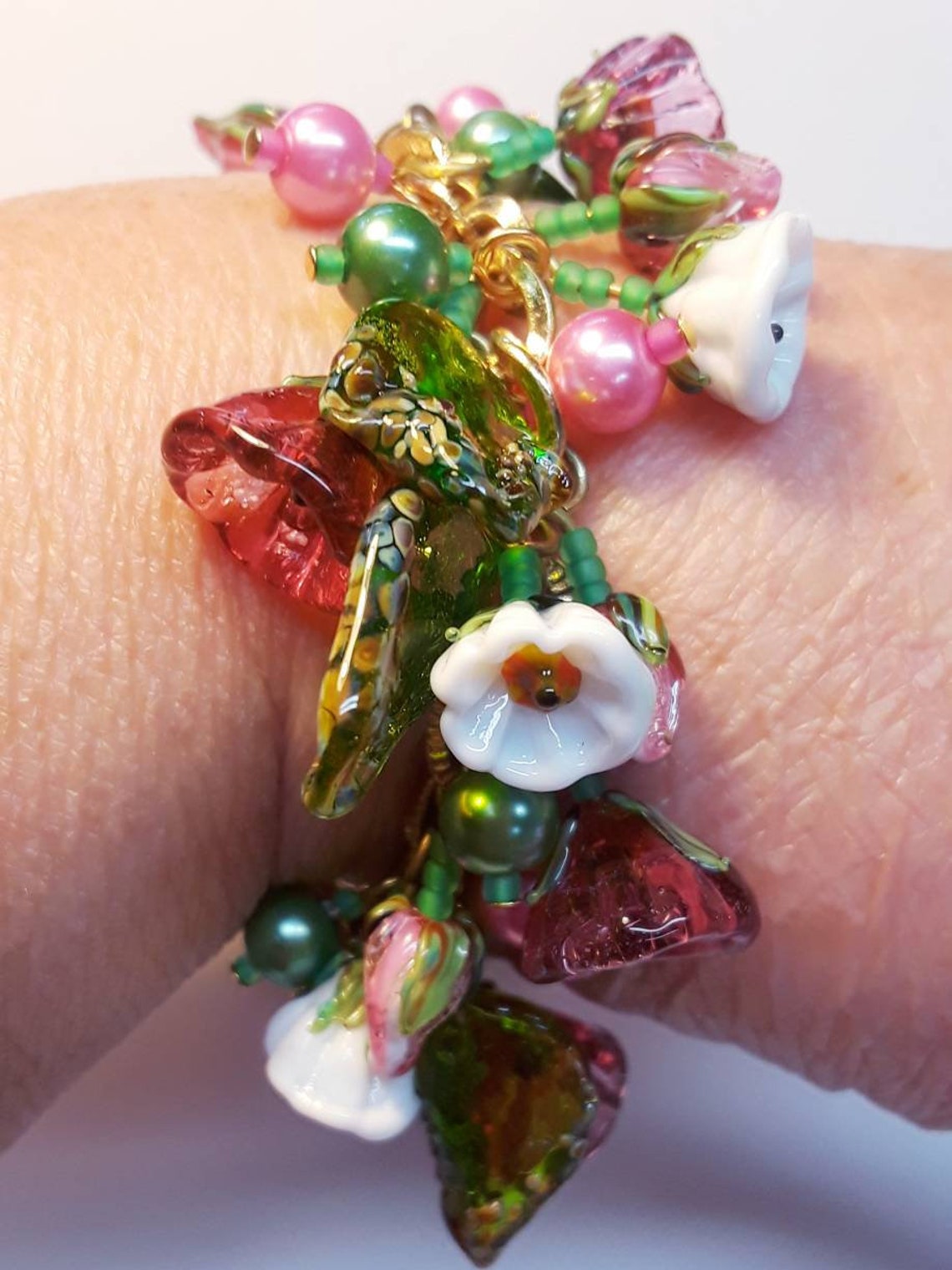 Pink Bellflower Lampwork Charm Bracelet - Etsy
