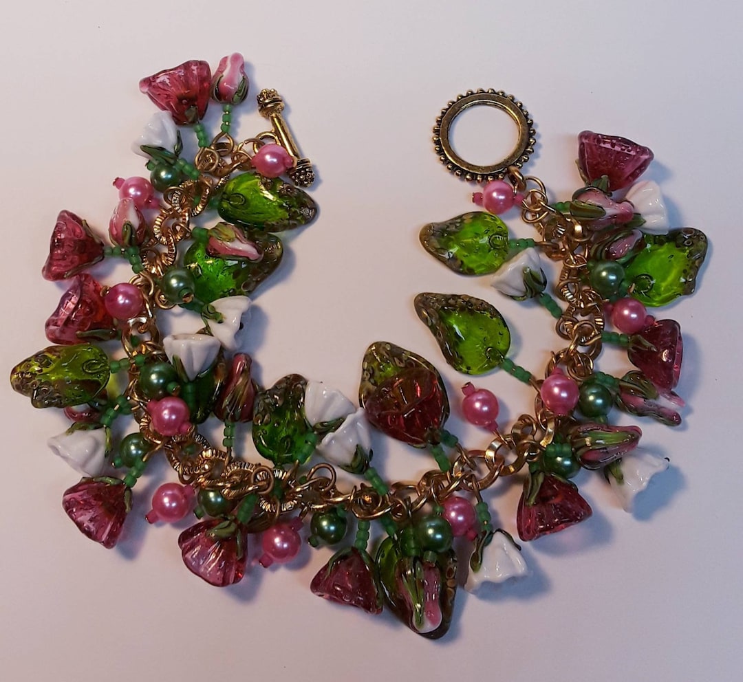 Pink Bellflower Lampwork Charm Bracelet - Etsy