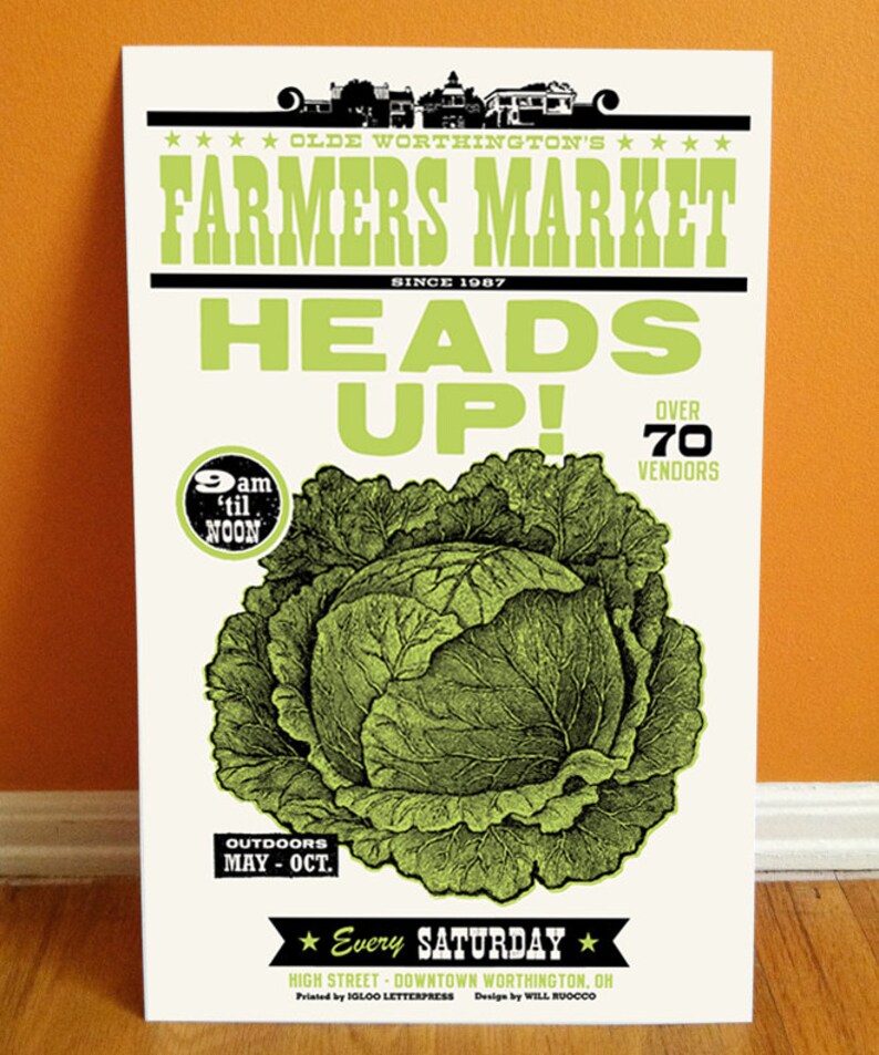 HEADS UP Letterpress Farmers Market Poster, Featuring Illustration With ...