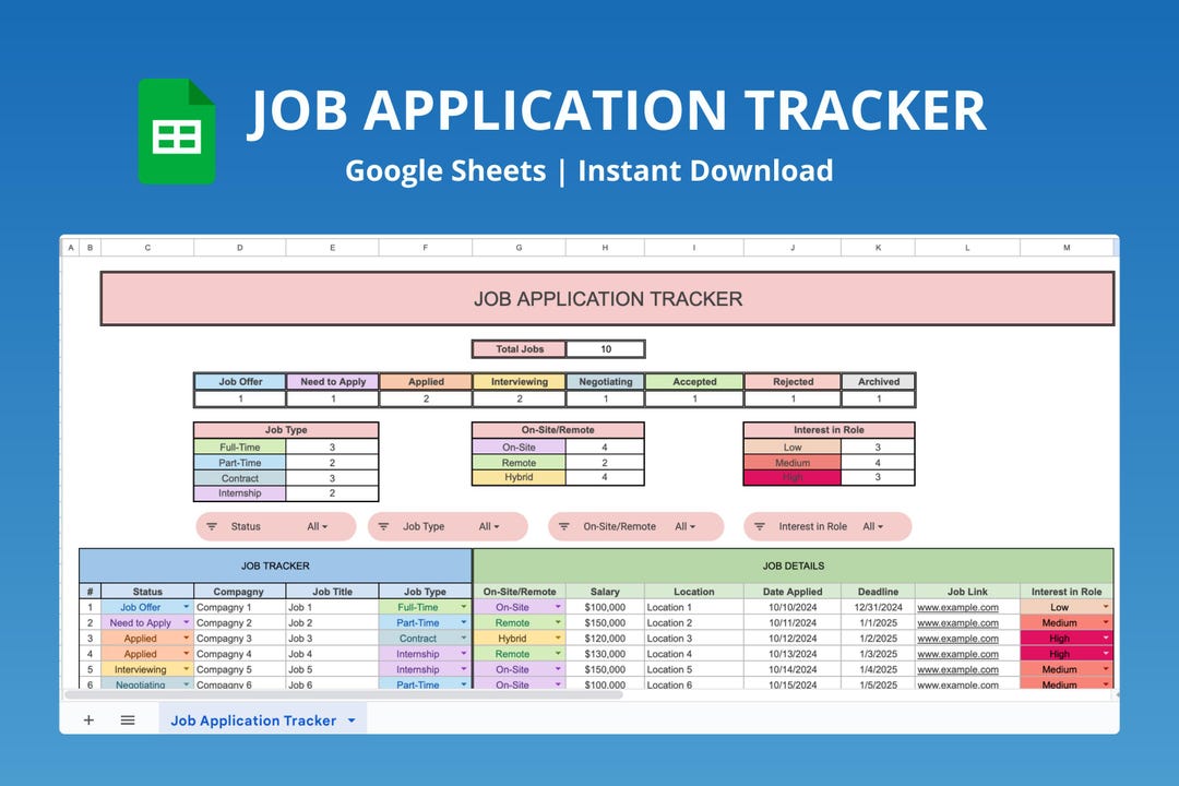 Job Application Tracker Google Sheets, Job Planner, Interview and Job ...
