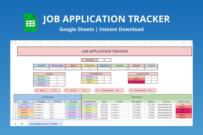 Job Application Tracker Google Sheets, Job Planner, Interview and Job Search, Job Application ...