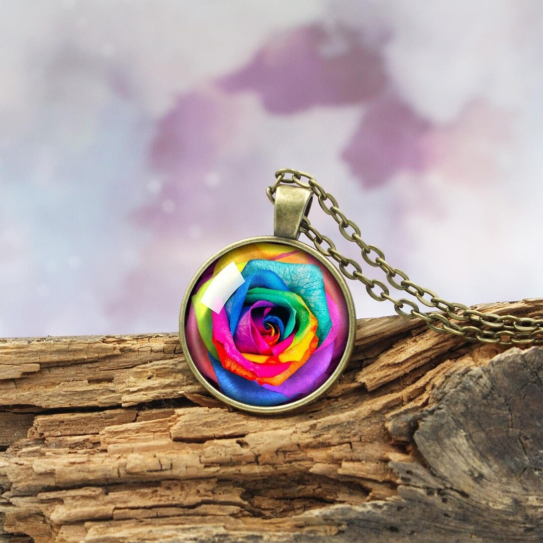 Rainbow Rose Pendant Necklace, Red Rose, Romantic Rose Love, Gift for ...