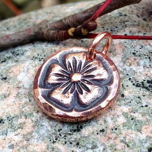 Copper Flower Pendant or Charm Hammered Oxidized Rustic - Etsy