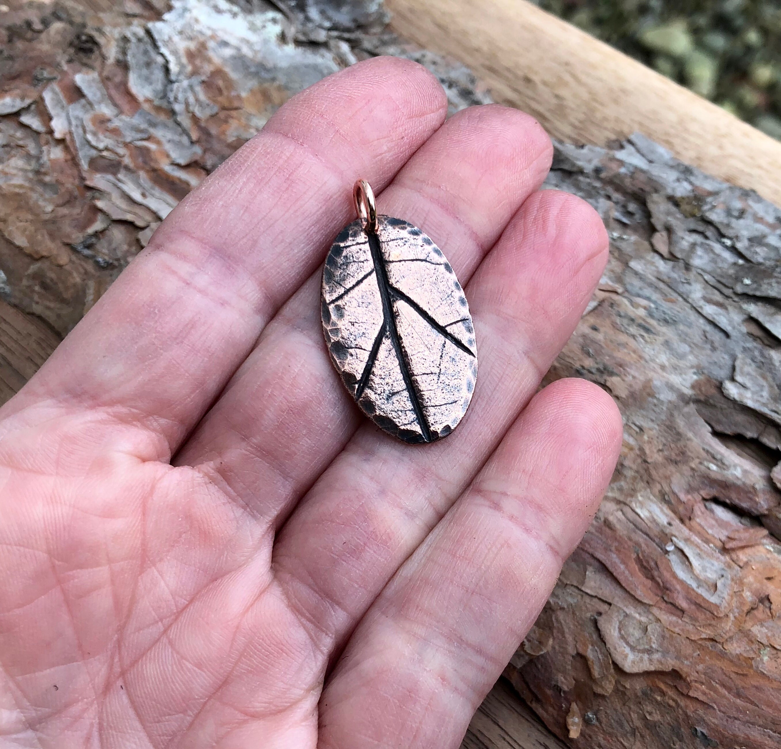 Copper Leaf Imprint Pendant, Natures Peace Sign