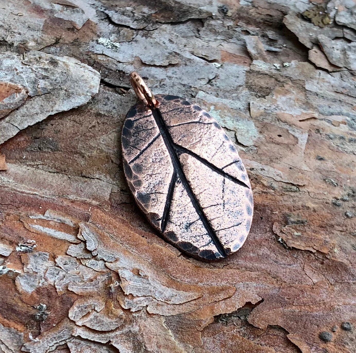 Copper Leaf Imprint Pendant, Natures Peace Sign