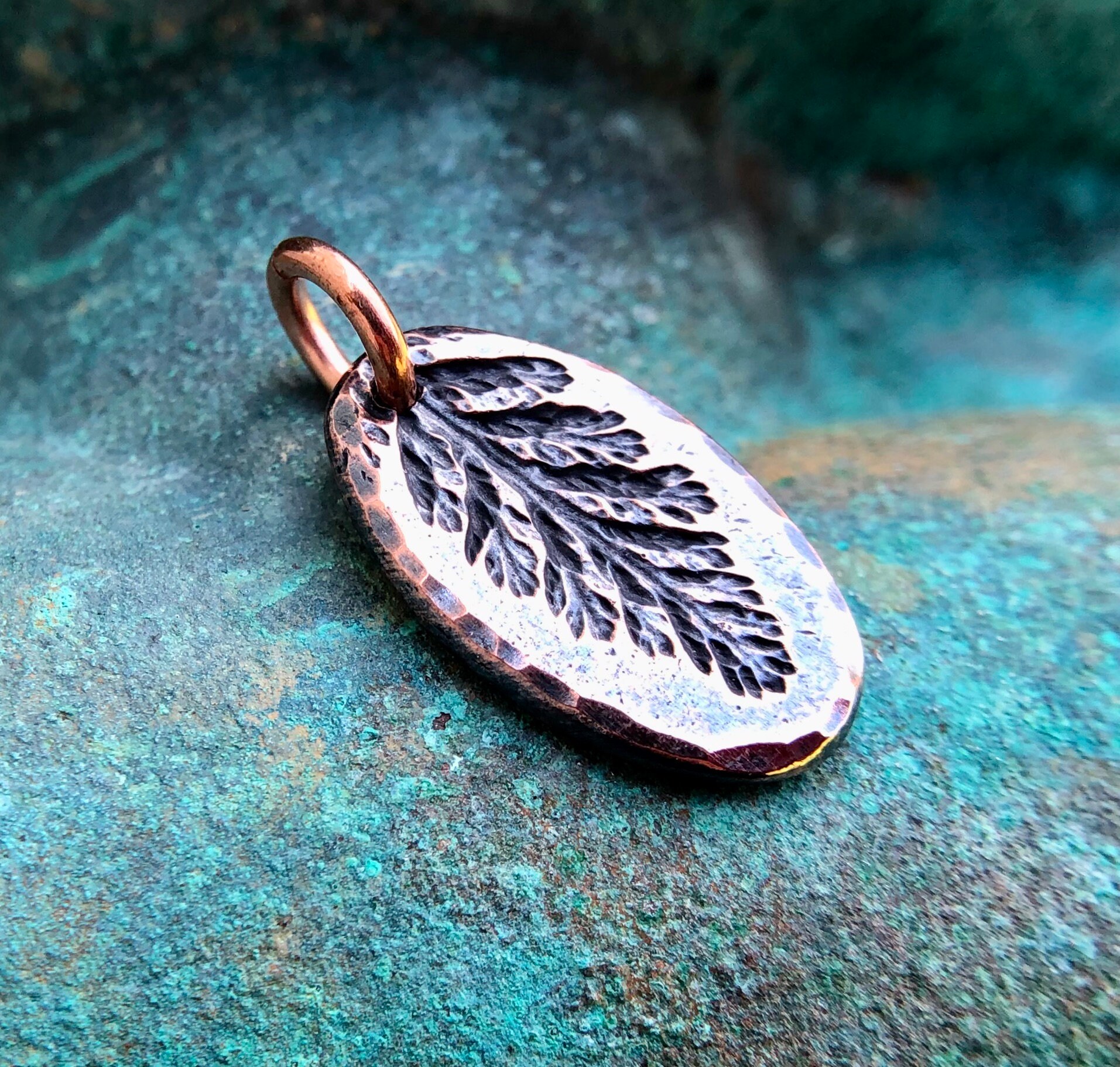 Copper Yarrow Leaf Imprint Pendant, Rustic Botanical Jewelry