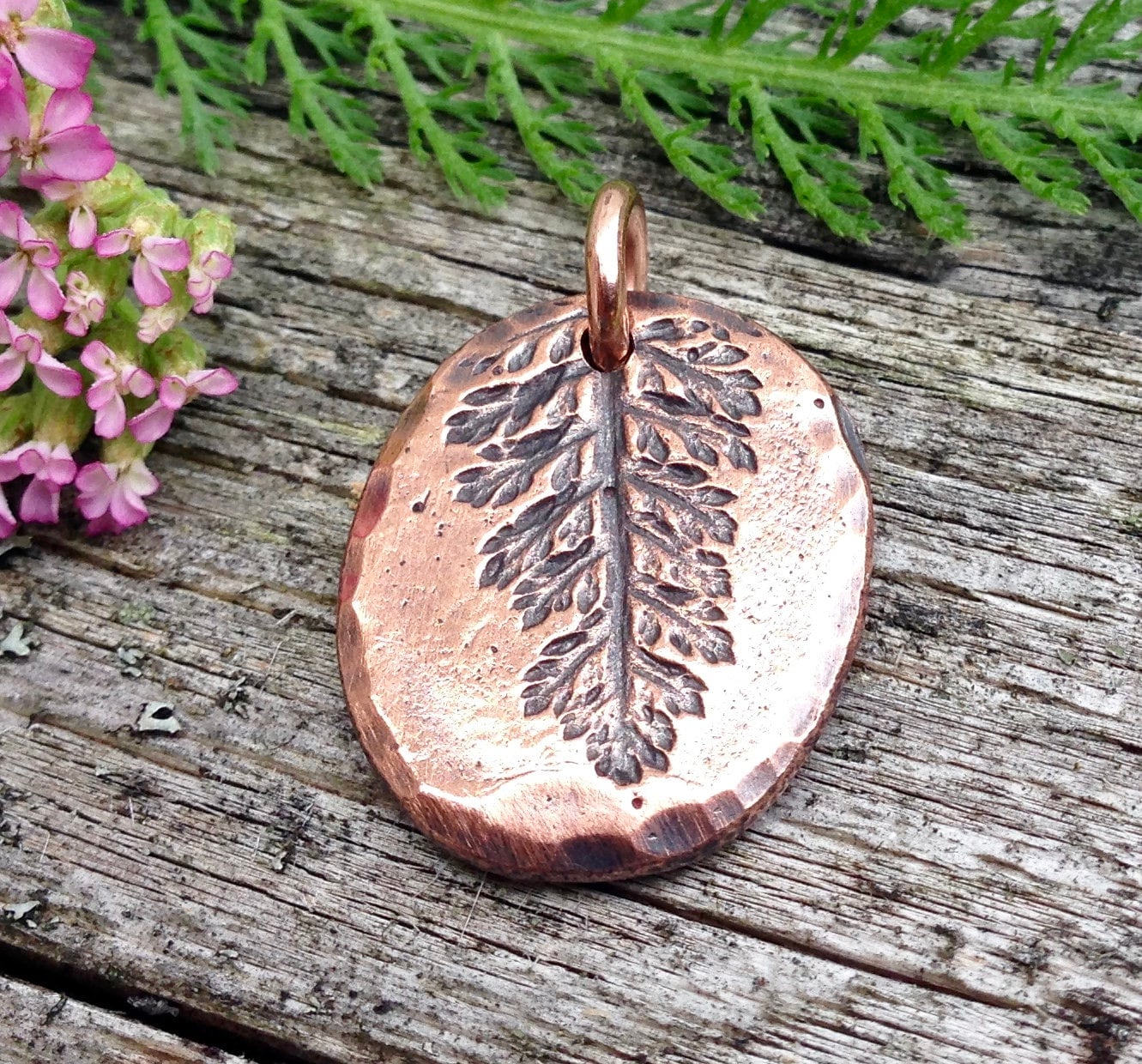 Small Copper Yarrow Leaf Imprint Pendant