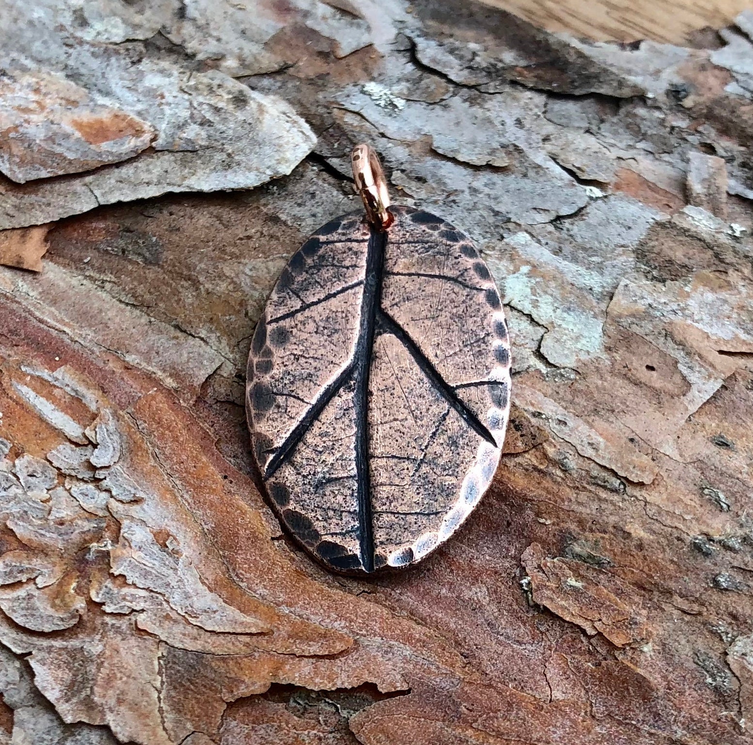 Copper Leaf Imprint Pendant, Natures Peace Sign