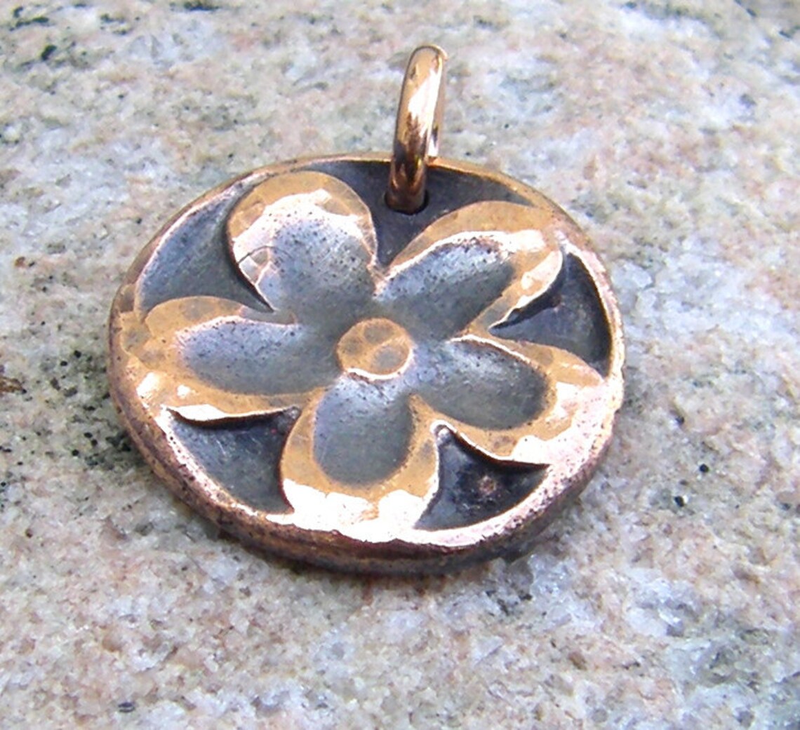 Copper Flower Pendant or Charm Hammered Oxidized Rustic - Etsy