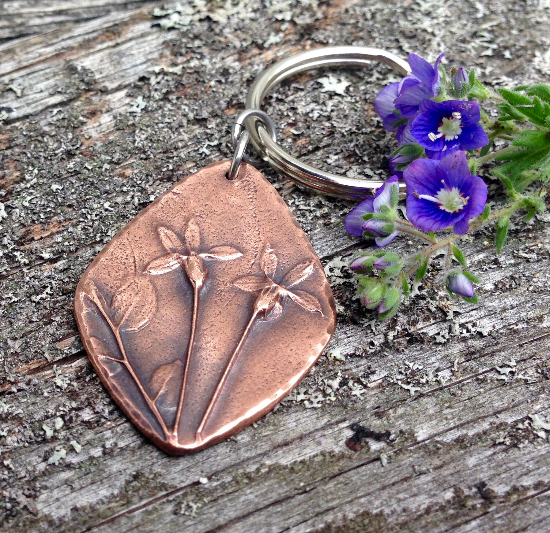 Copper Wild Flowers Keychain, Botanical Key Ring