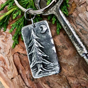 Pine Tree Keychain, Evergreen Forest Key Ring, Rustic Handmade Pewter ...