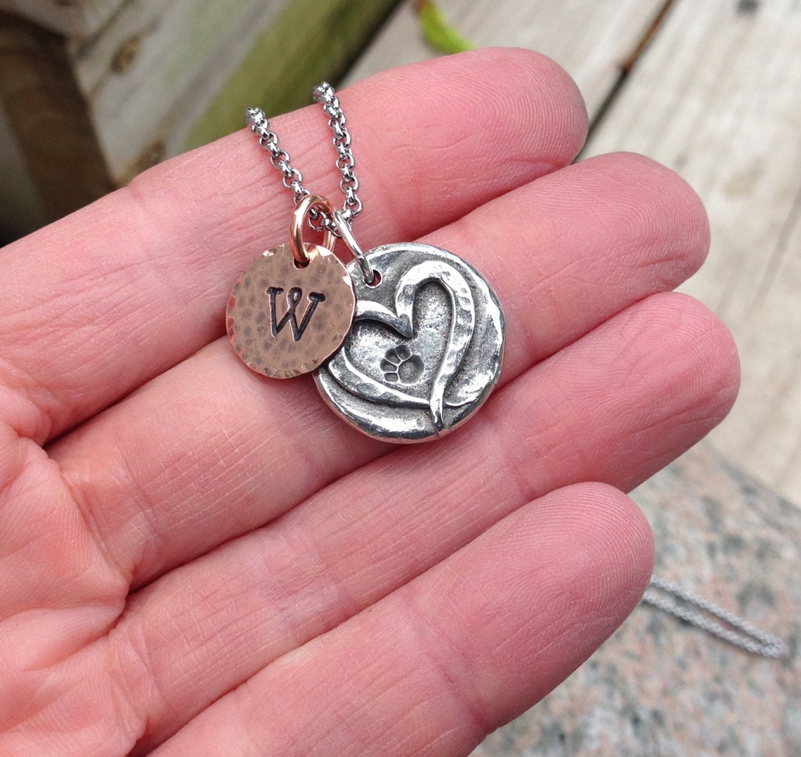 Hoof Print or Paw Print on Heart Necklace, Rustic Jewelry, Mixed Metal ...