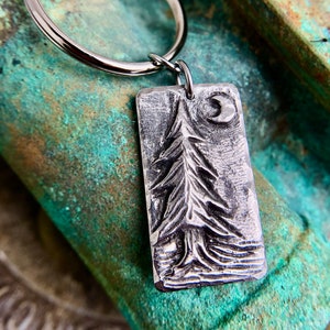 Pine Tree Keychain, Evergreen Forest Key Ring, Rustic Handmade Pewter ...