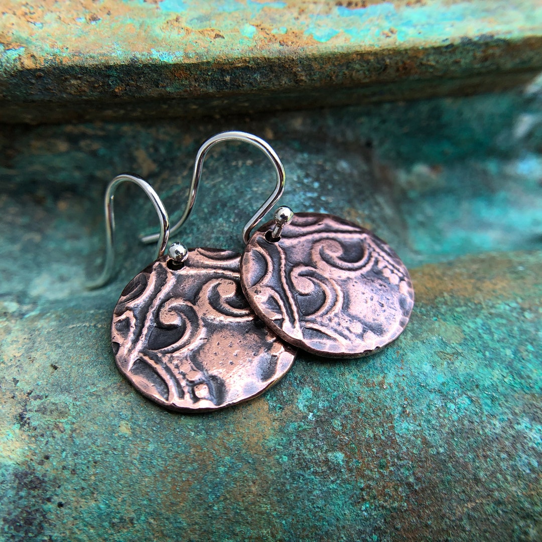Copper Victorian Design Earrings, Sterling Silver Ear Wires, Rustic ...