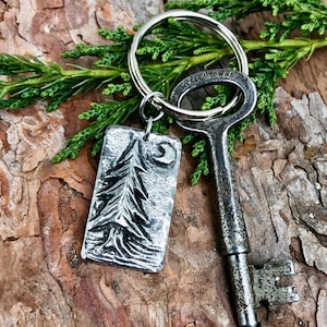 Pine Tree Keychain, Evergreen Forest Key Ring, Rustic Handmade Pewter ...