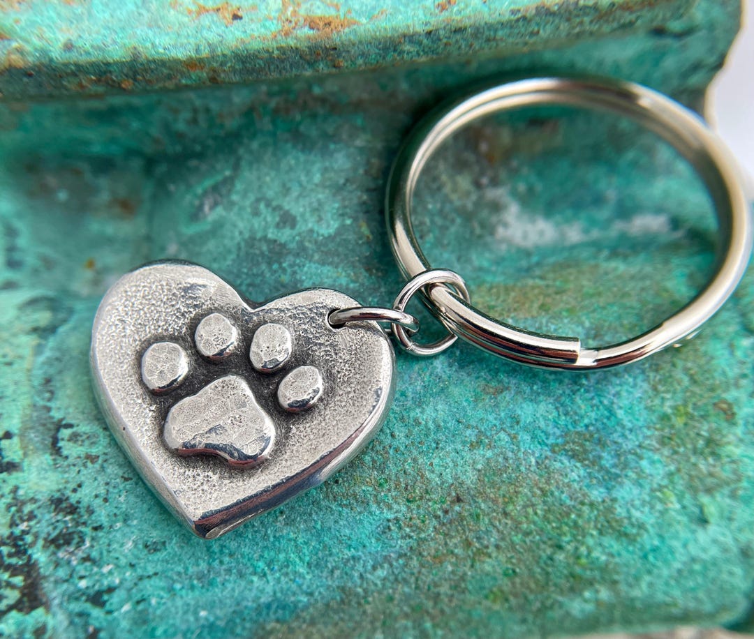 Paw Print on My Heart Keychain, Rustic Handmade Pet Love Key Ring, Dog ...