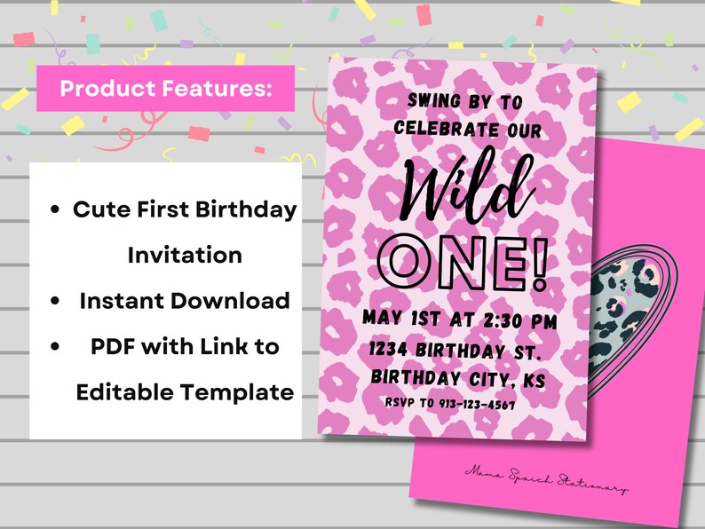 Pink Cheetah Wild One Birthday Invitation - 5x7 - Editable Invitation ...