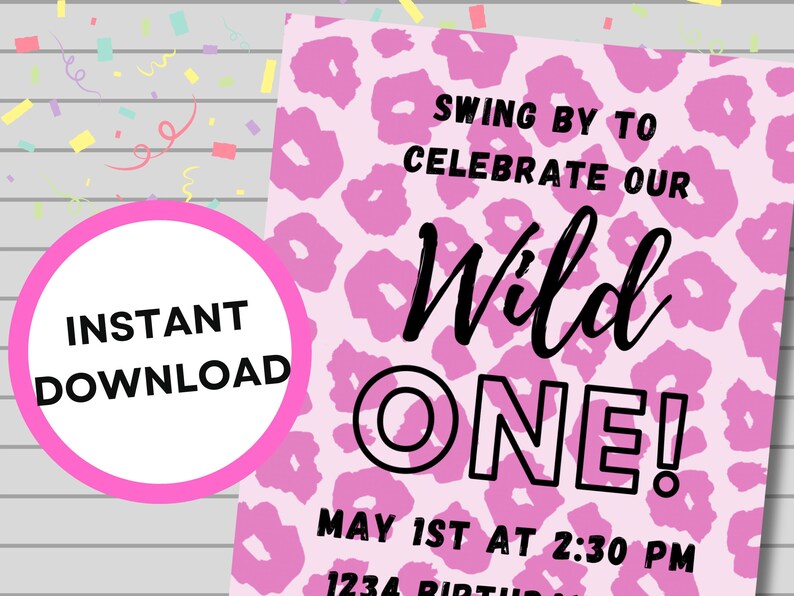 Pink Cheetah Wild One Birthday Invitation - 5x7 - Editable Invitation ...