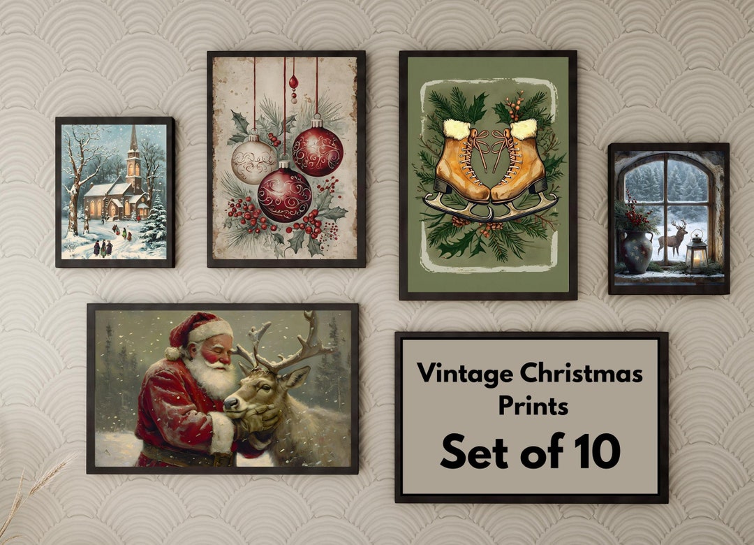 Vintage Christmas Wall Art Set of 10 Holiday Gallery Wall Prints Rustic ...