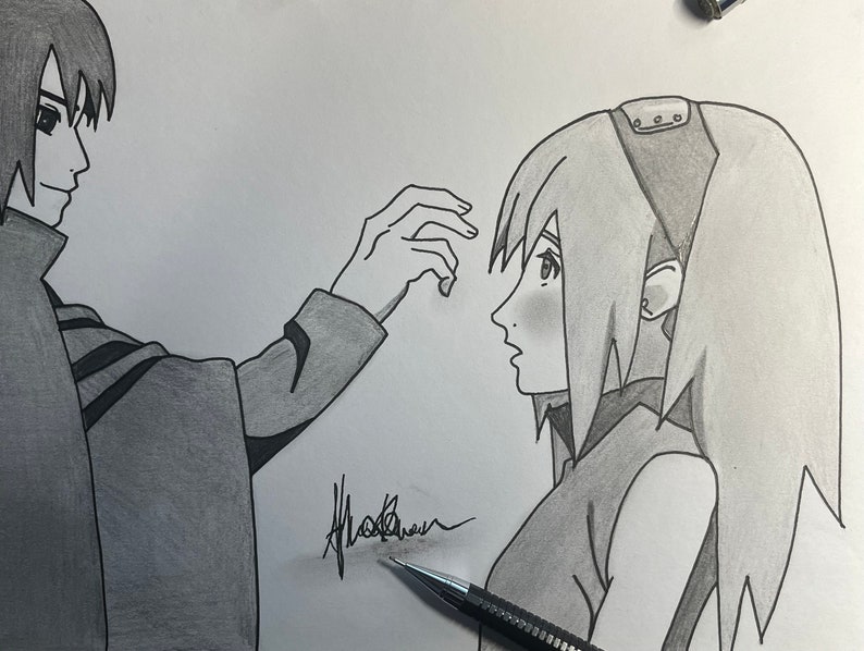 Anime Shaded Pencil Drawing Print Naruto Shippuden Sasuke & Sakura ...