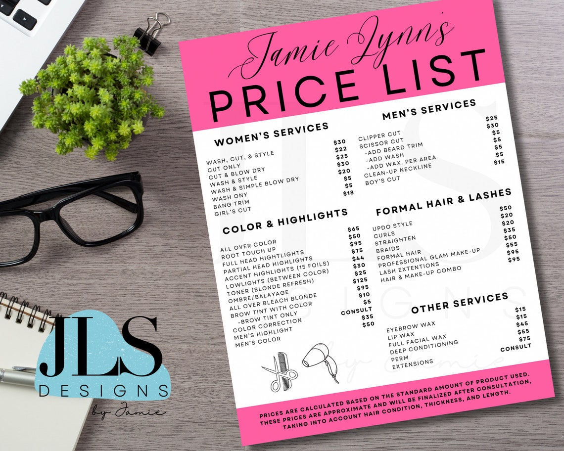 Hair Salon Editable Price List Template Hair Stylist Pricing List Salon ...
