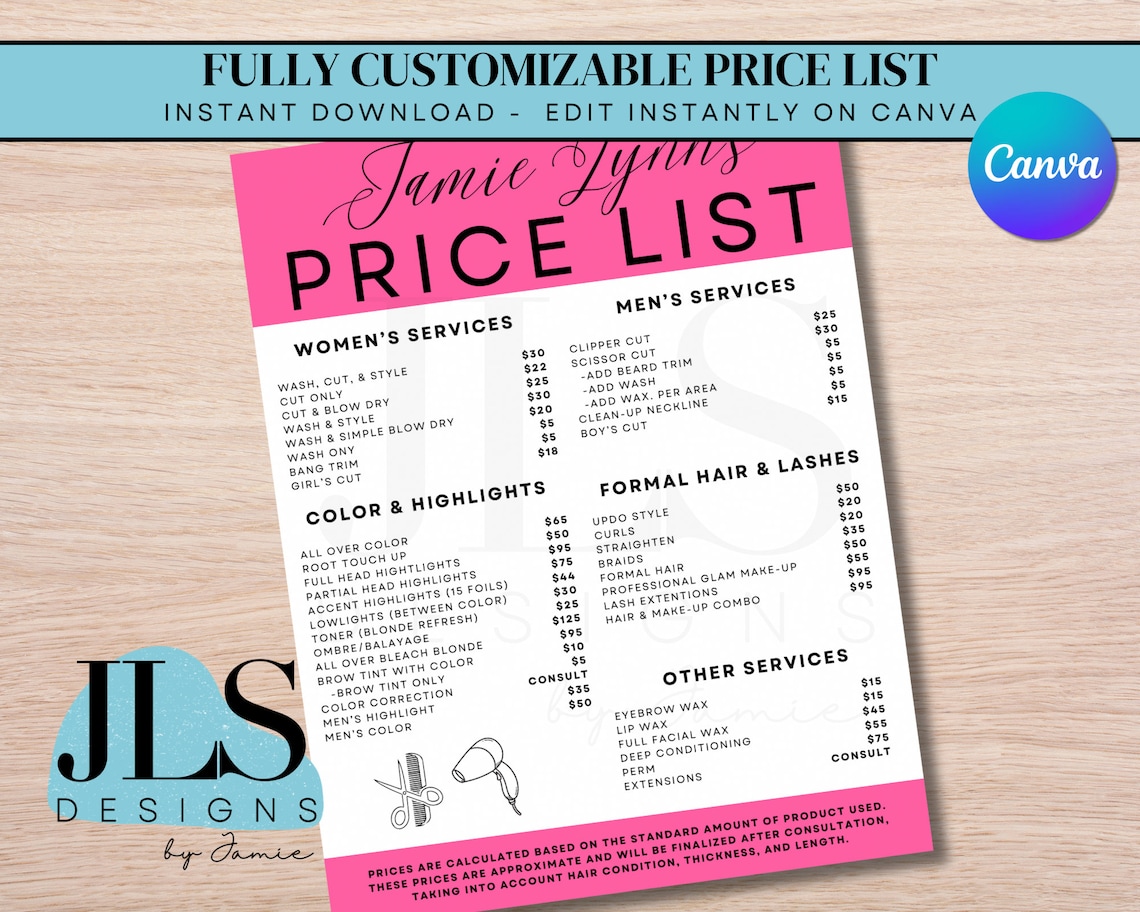 Hair Salon Editable Price List Template Hair Stylist Pricing List Salon ...