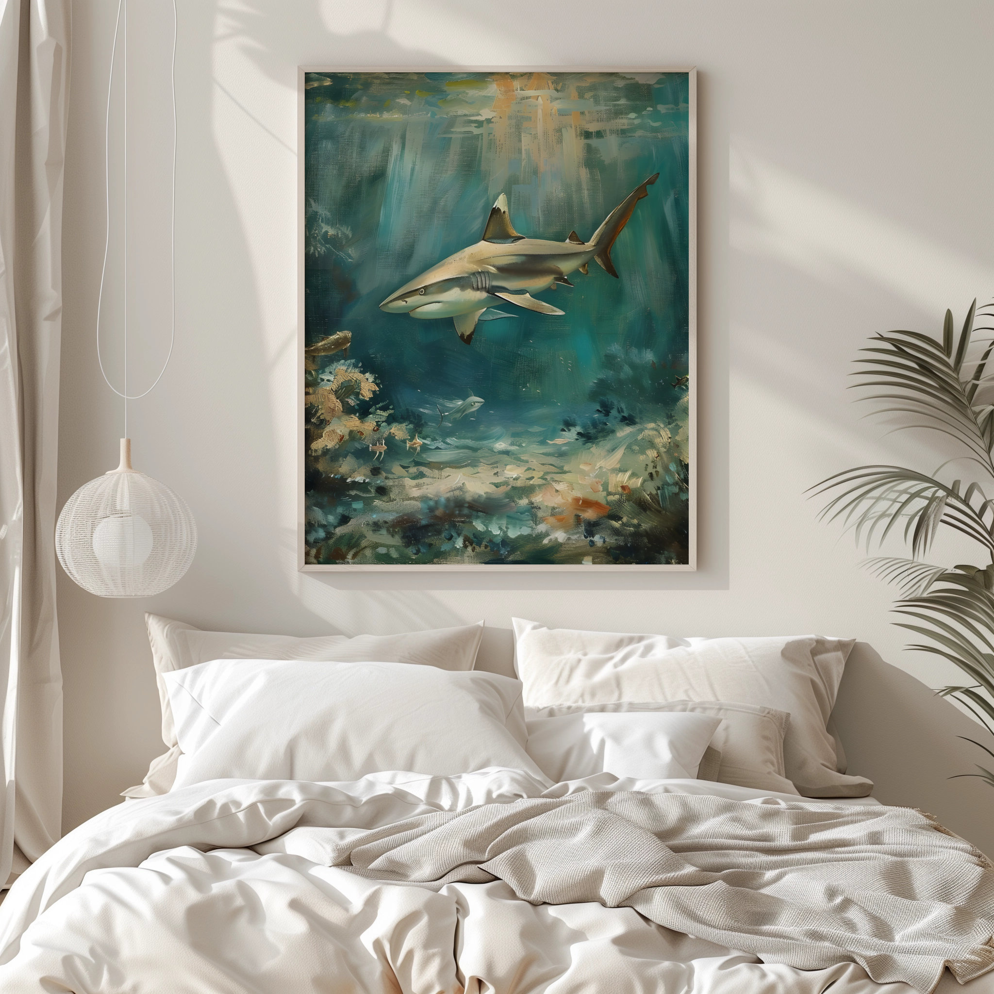 Vintage Oil Painting of Sharks and Fishes Swimming Underwater Landscape ...